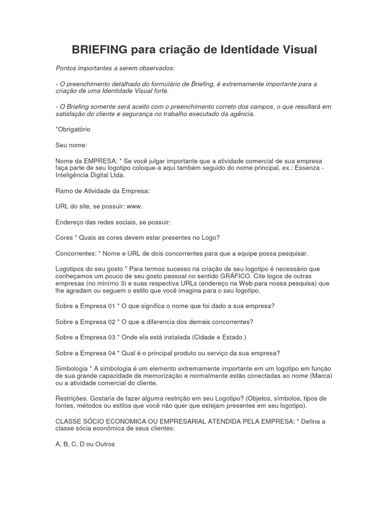 BRIEFING para Criação de Identidade Visual | Download grátis PDF | Rede ...