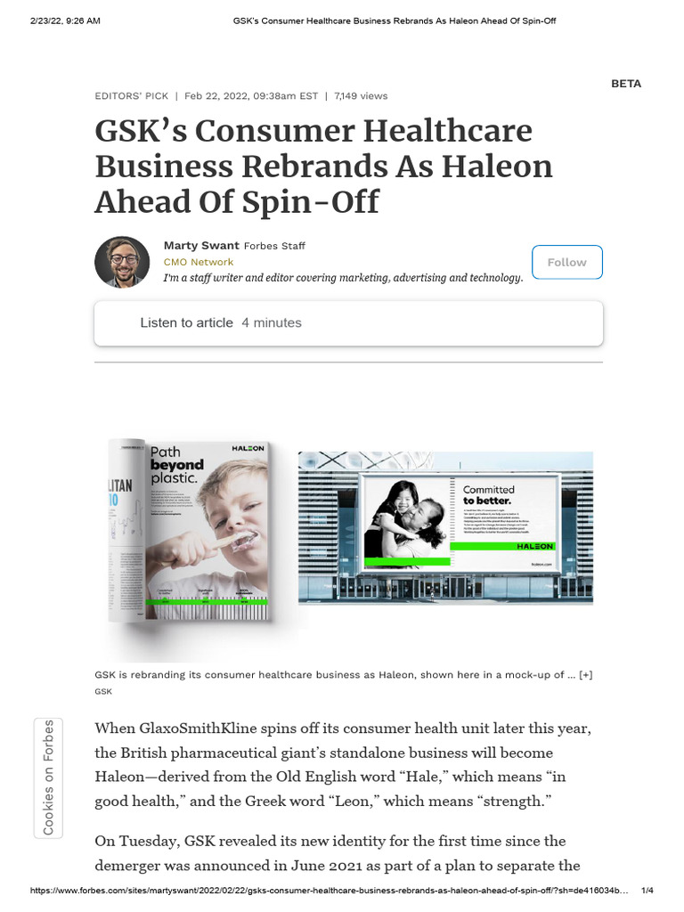 GSK's Consumer Healthcare Business Rebrands As Haleon Ahead of Spin-Off | PDF | Business