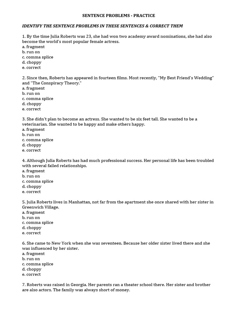 IDENTIFY THE SENTENCE PROBLEMS IN THESE SENTENCES & CORRECT THEM ...