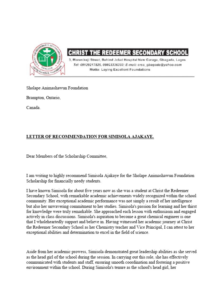 Recommendation Letter for Simisola Deborah Ajakaye | PDF ... Recommendation Letter for Simisola Deborah Ajakaye | PDF ...