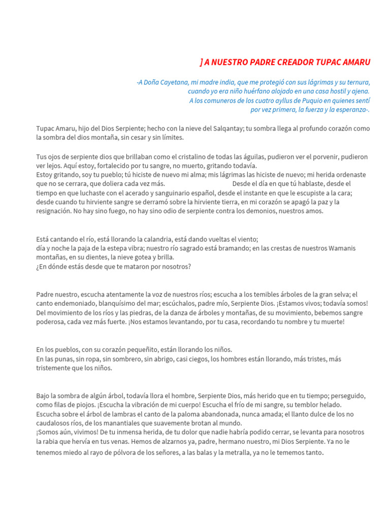 A Nuestro Padre Creador Tupac Amaru SP | PDF