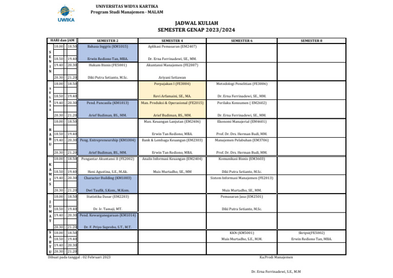 JADWAL MANAJAMEN TERBARU GENAP 2023-2024 KARYAWAN Rev.1 | PDF