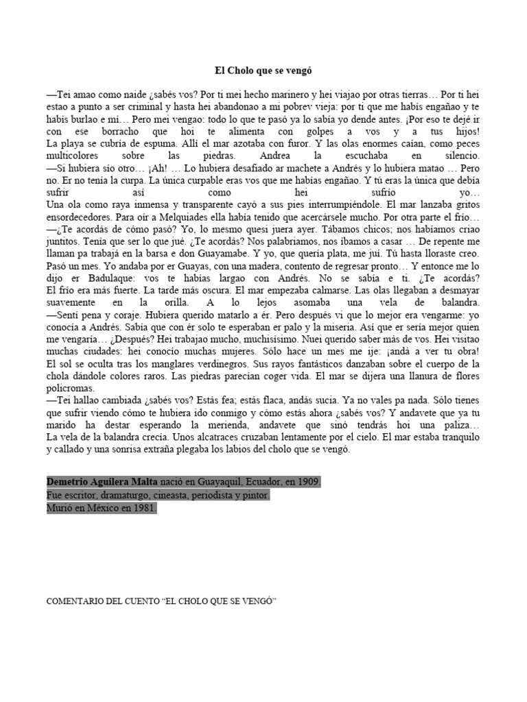 Cuento y Comentario El Cholo Que Se Vengó | PDF | Principios éticos
