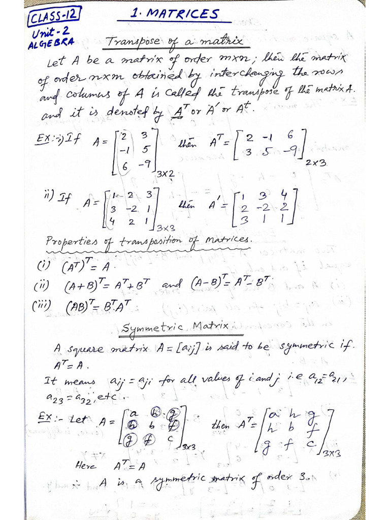 U2 C1 Matrix .Transpose Symm Skew 12 Maths | PDF