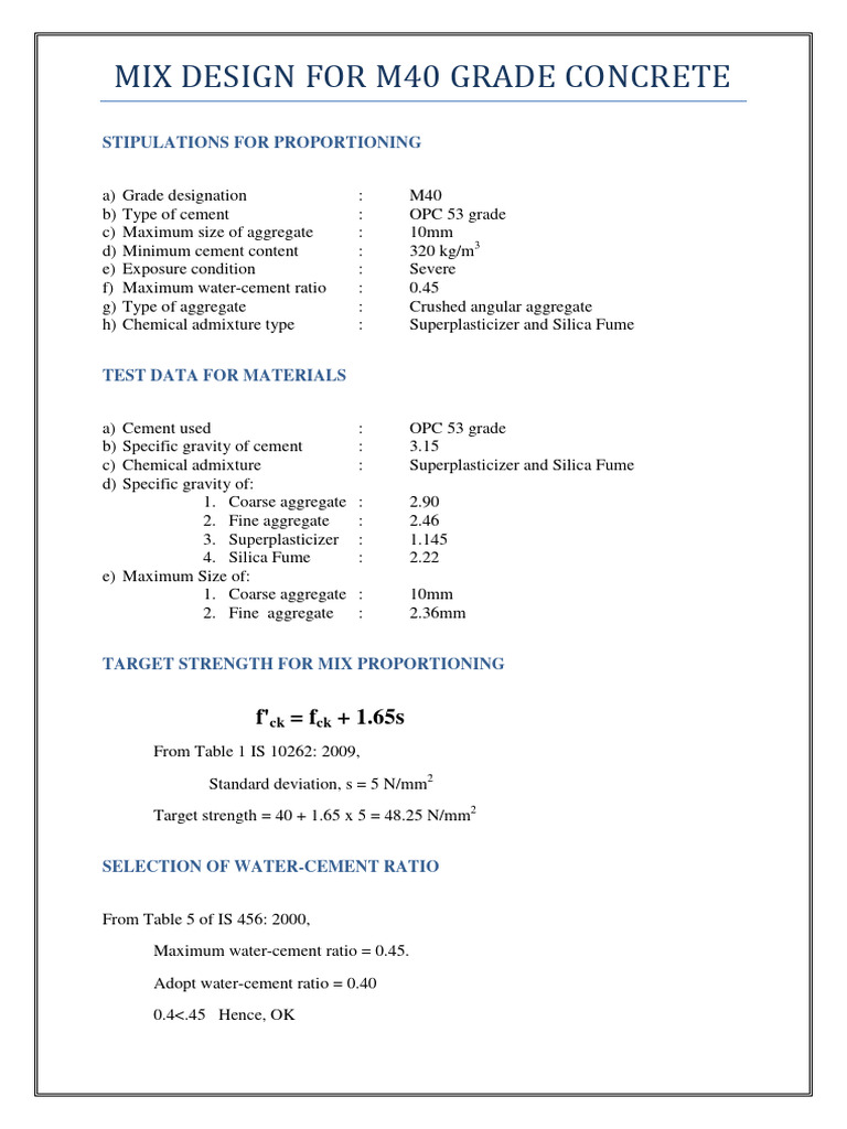 Mix Design For M40 Grade Concrete | PDF