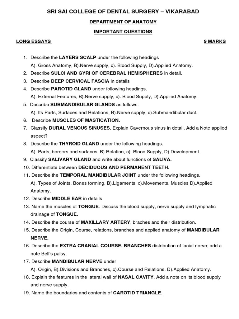 Dept of Anatomy Important Questions | PDF