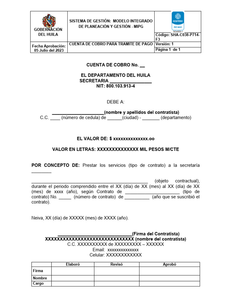 Cuenta de Cobro para Tramite de Pago | PDF