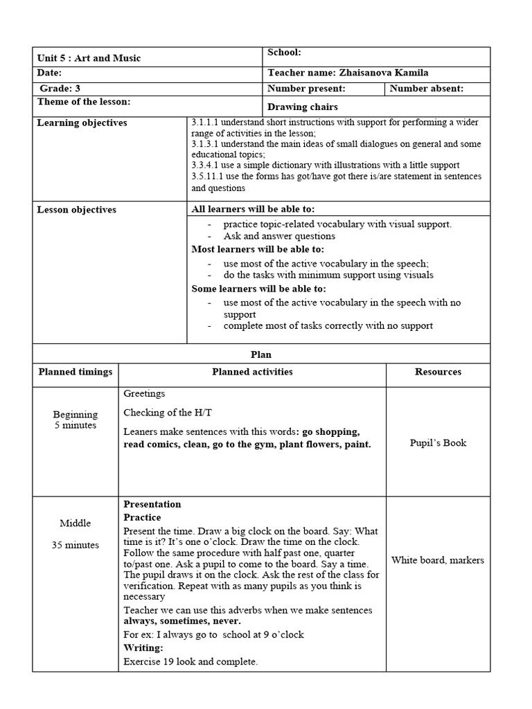 Lesson Plan For 3 Grade - Drawing Chairs | PDF