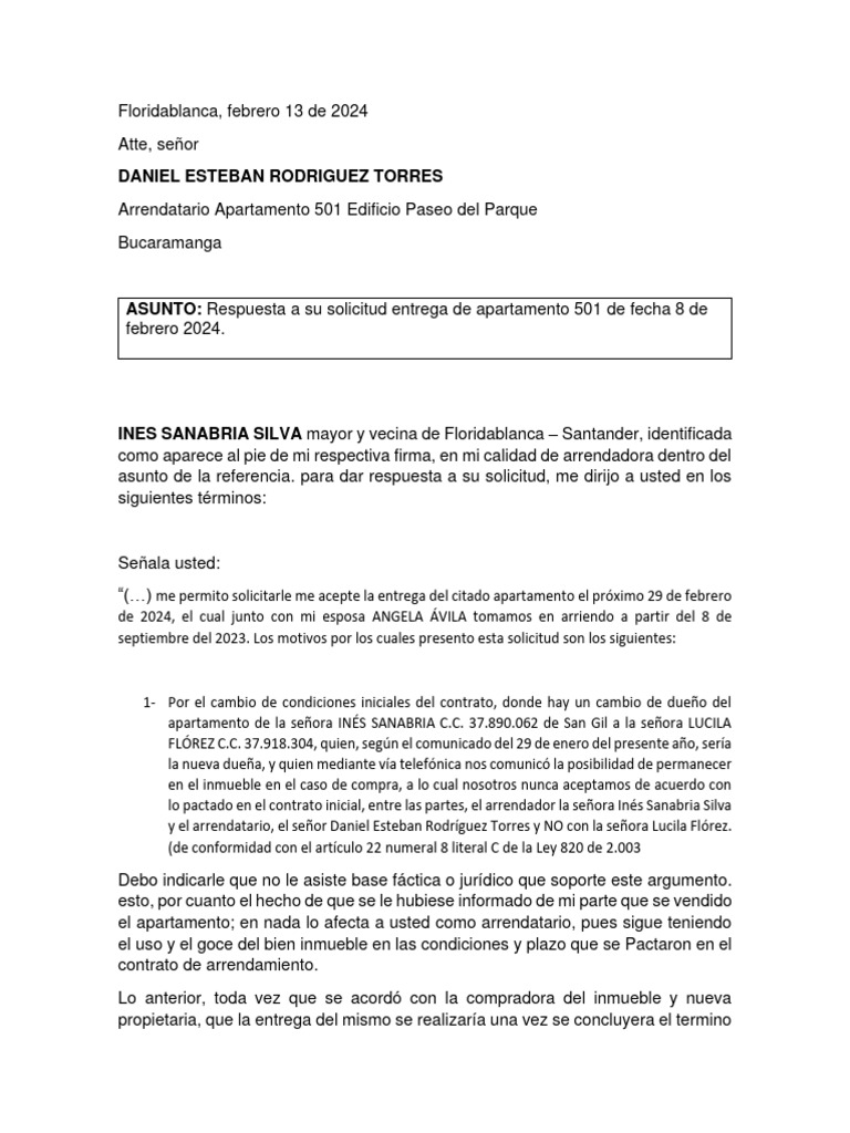 Respuesta Contrato D e Arriendo Paseo Del Parque | PDF Respuesta Contrato D e Arriendo Paseo Del Parque | PDF