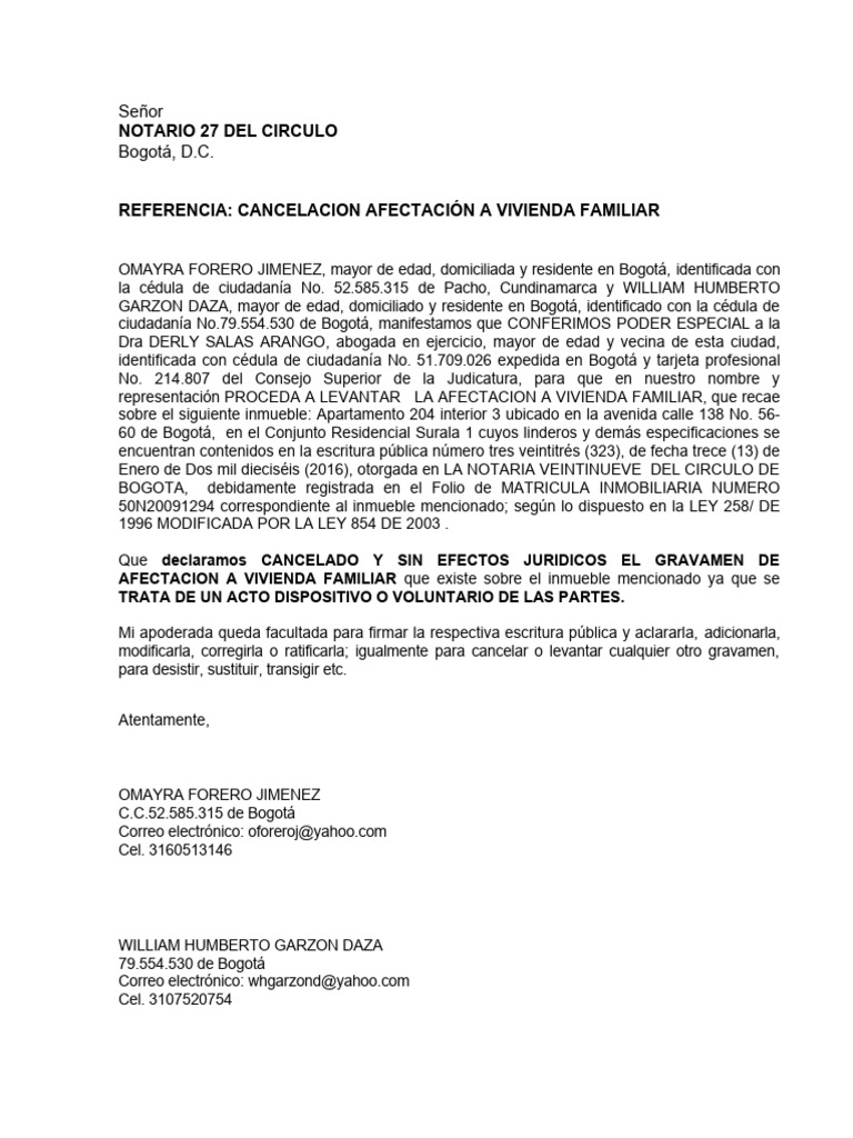 Poder Afectacion A Vivienda Familiar Diana Uext | PDF | Derecho