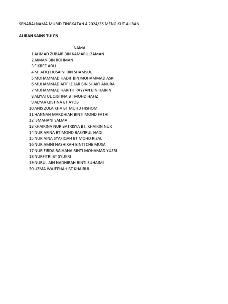 Senarai Aliran Tingkatan 4 2024/25 | PDF | Sports & Recreation | Home ...