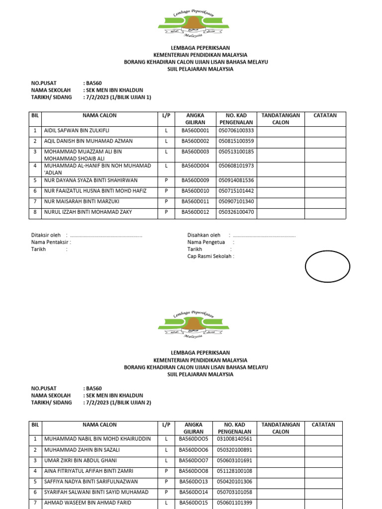 Contoh Borang Kehadiran Ubbm | PDF