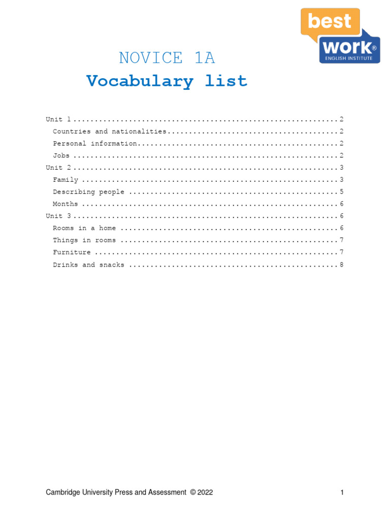1A Vocabulary List | PDF