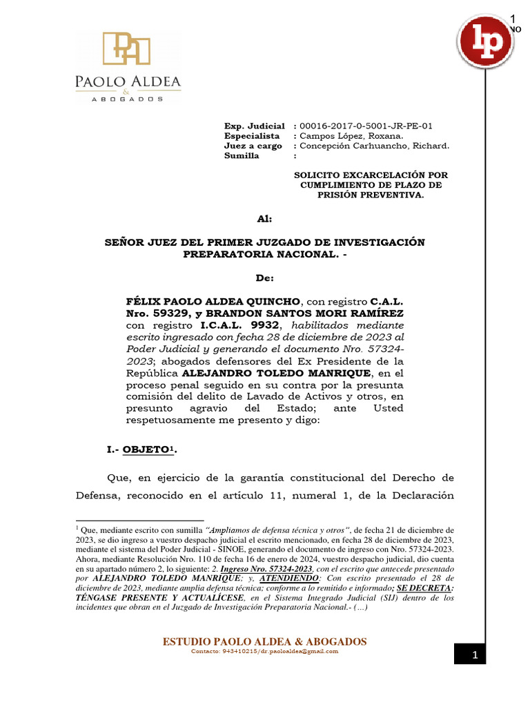 Excarcelacion De Alejandro Toledo Manrique Pdf Mandato Derechos