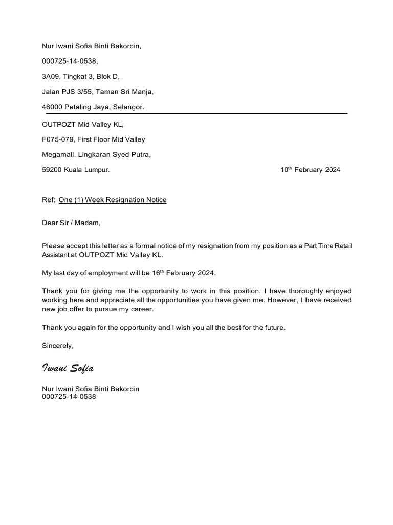 Resignation Letter from Retail Assistant | PDF