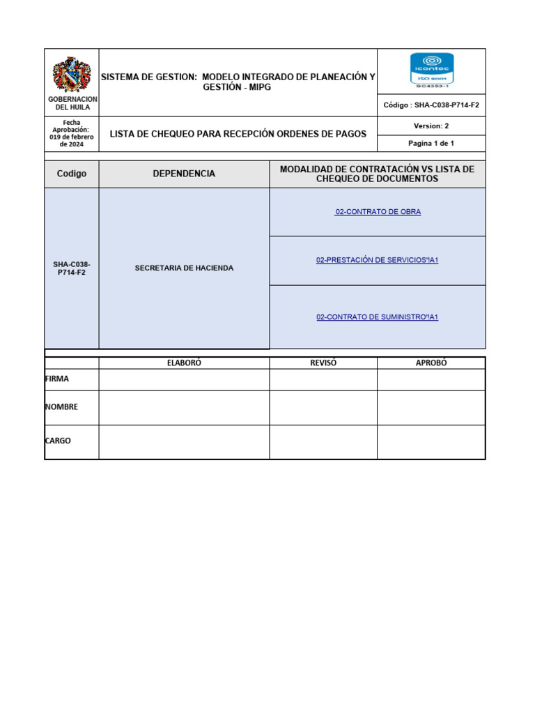 Lista de Chequeo para Recepción Ordenes de Pagos | PDF