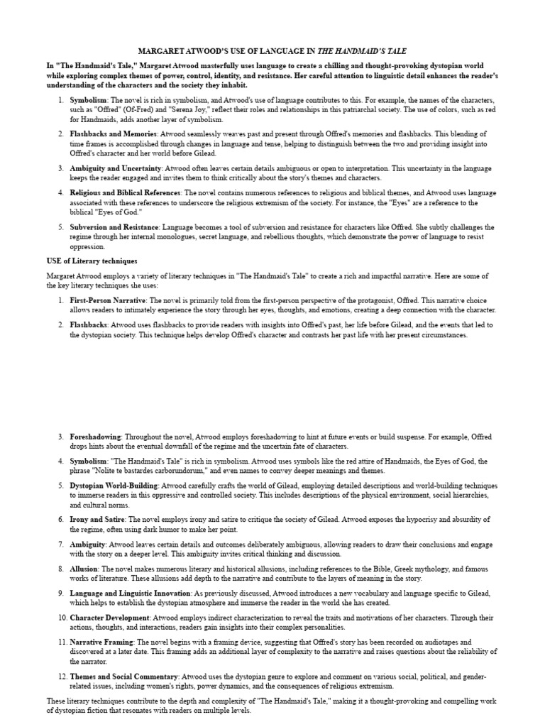 Atwood S Use of Language in The Handmaid S Tale | PDF