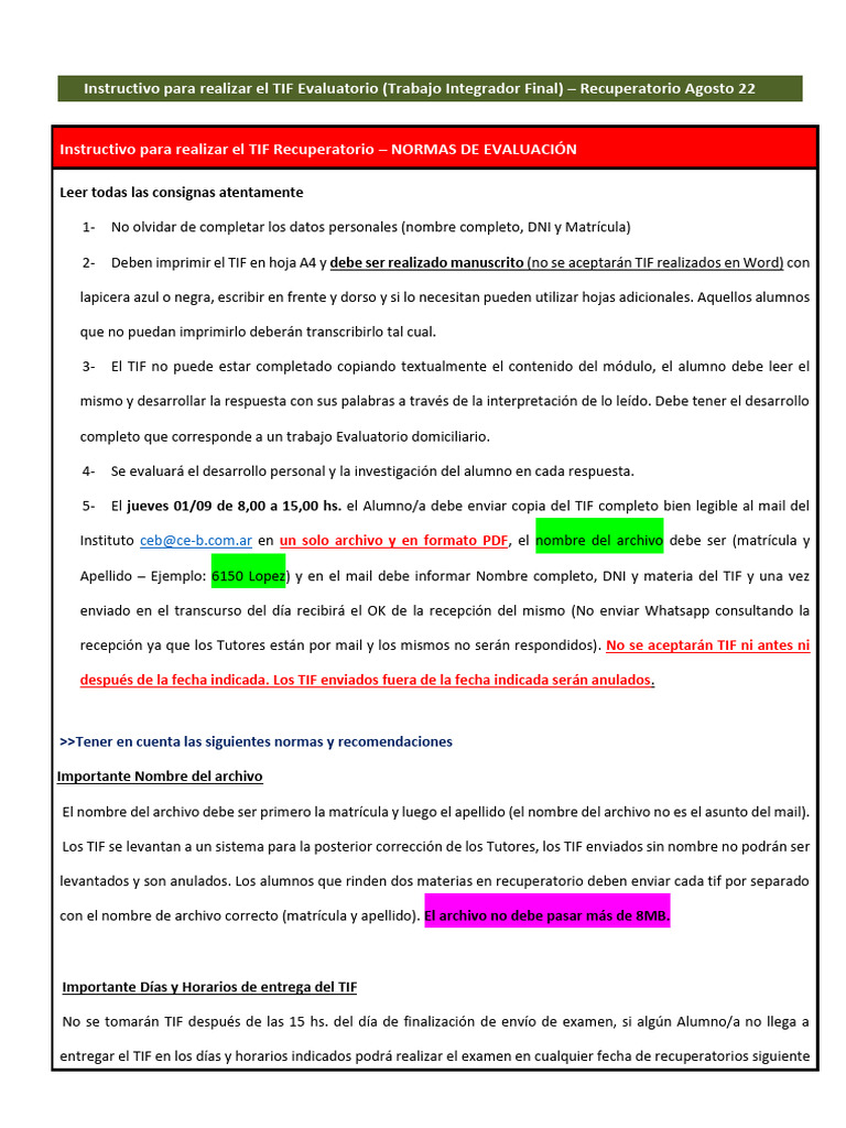 0 Instructivo para TIF Evaluatorio Recup CEB Agosto 22 | PDF | Archivo de computadora | Informática