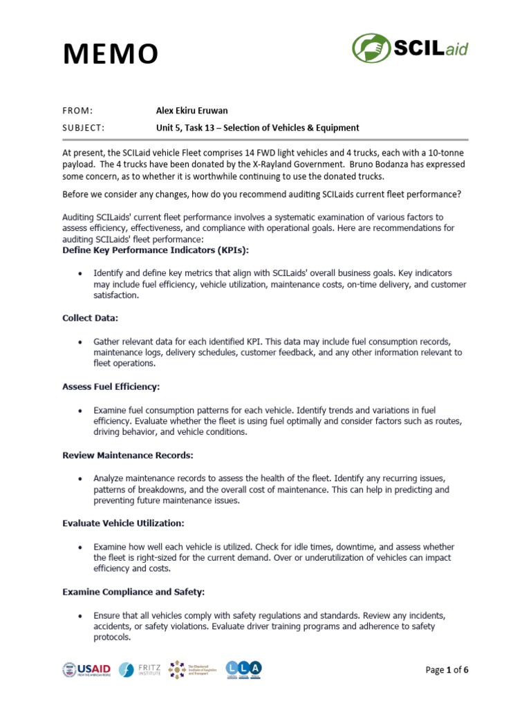 .Alex Ekiru Eruwan CHL v4 - Unit 5 Task 13-Selection of Vehicles & Equipment | PDF | Truck | Audit