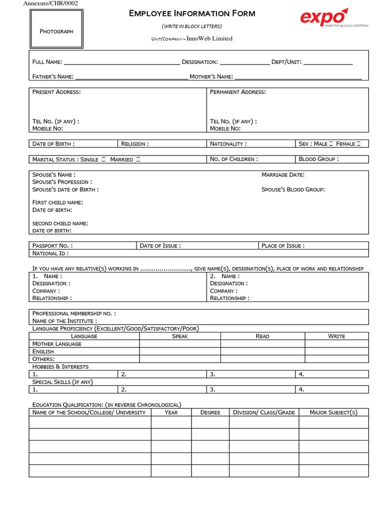 2 Employee Information Form INB | PDF