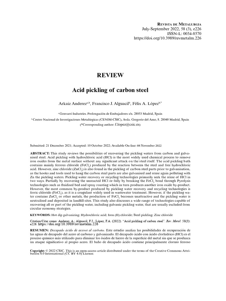 Acid Pickling of Carbon Steel | PDF | Hydrochloric Acid | Acid