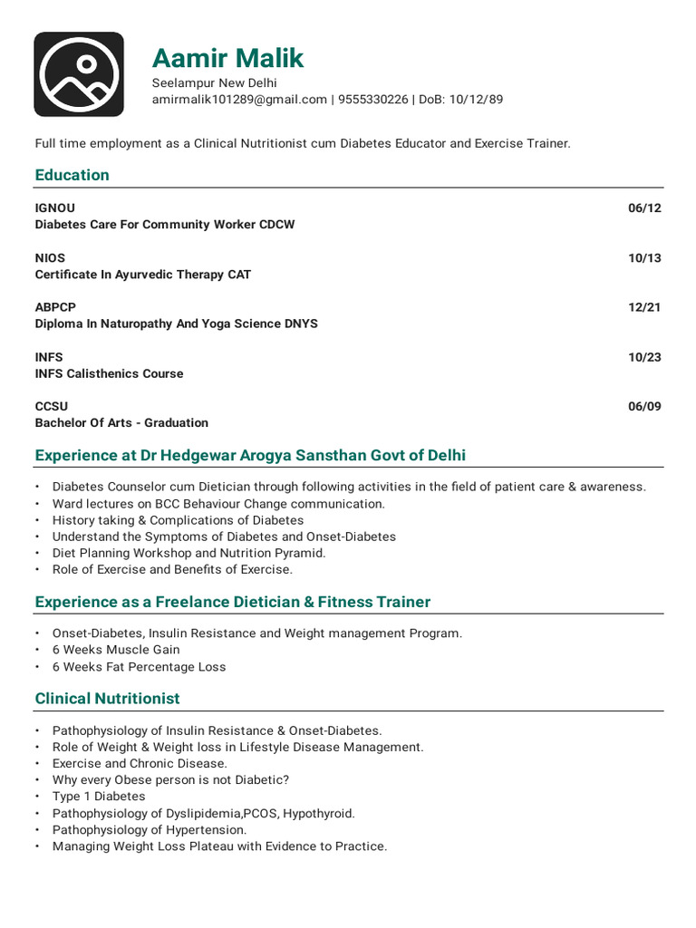Aamir Malik - Resume | PDF | Weight Loss | Diabetes