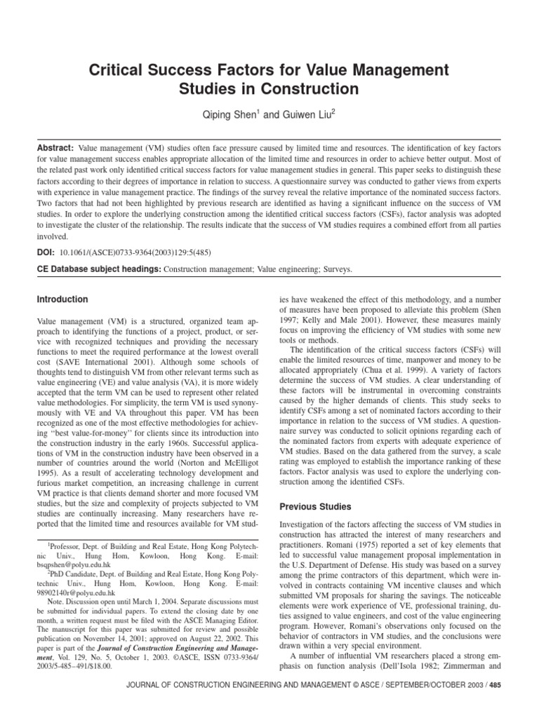 Critical Success Factors For Value Management Studies in Construction | PDF