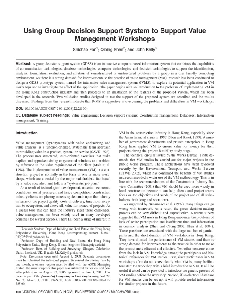 Using Group Decision Support System To Support Value Management Workshops | PDF