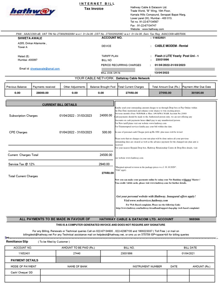 Hathway Internet Bill - 2022-2023 | PDF | Payments | Invoice