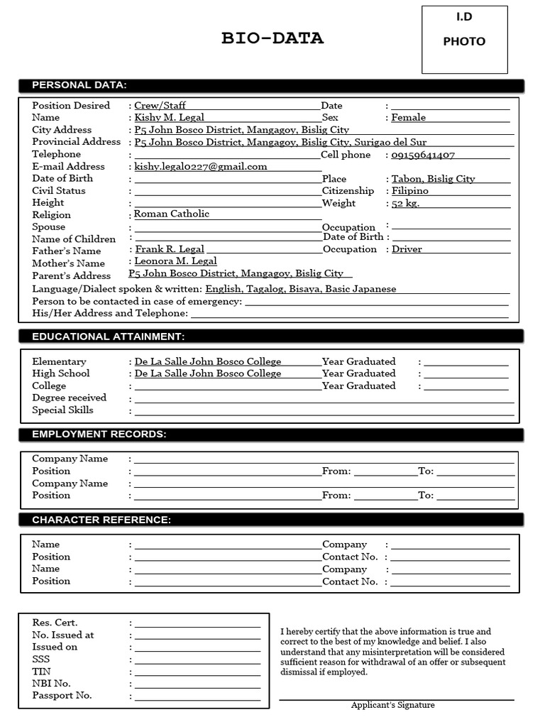 Employee Bio Data Form Template | PDF
