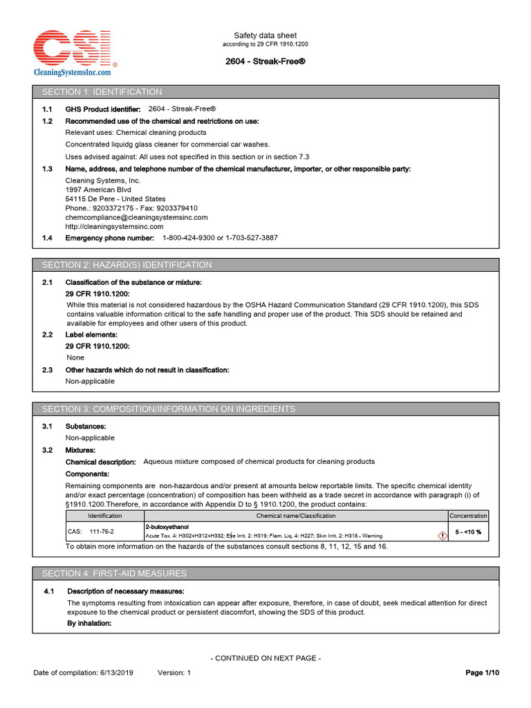 2604 Streak Free® Sds Pdf Dangerous Goods Toxicity