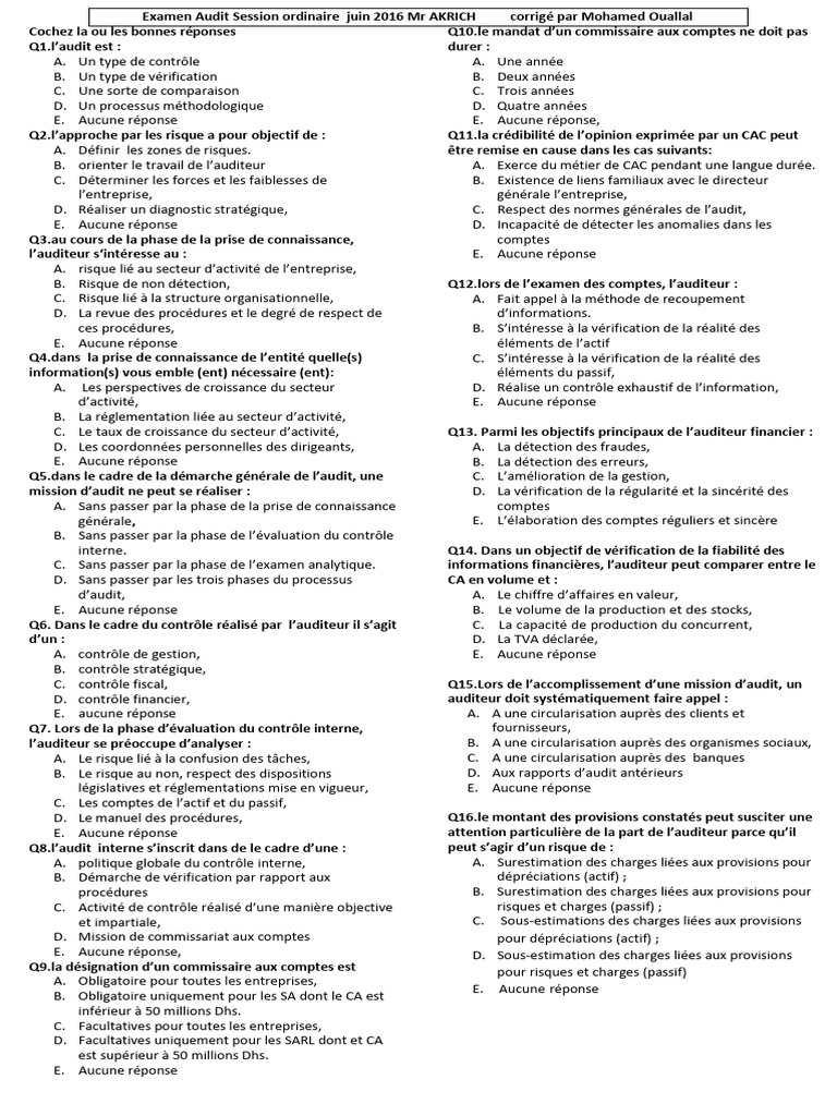 QCM Audit | PDF | Audit | Contrôle interne