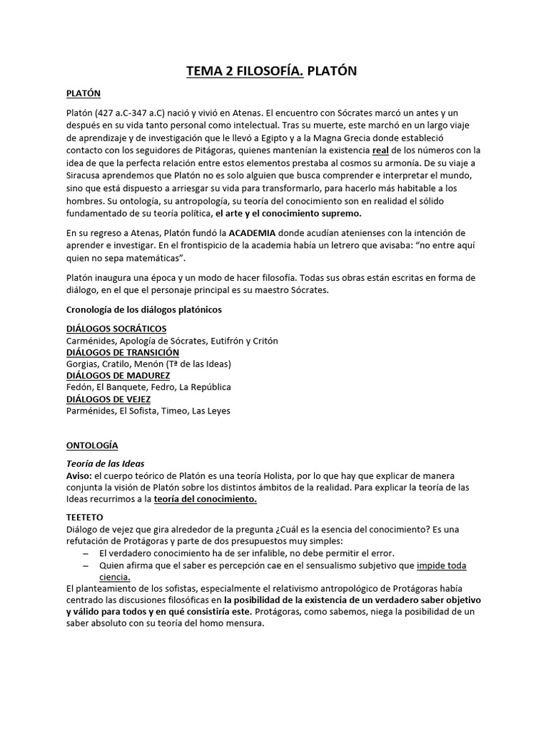 Tema 2 Filosofía | PDF | Platón | Conocimiento