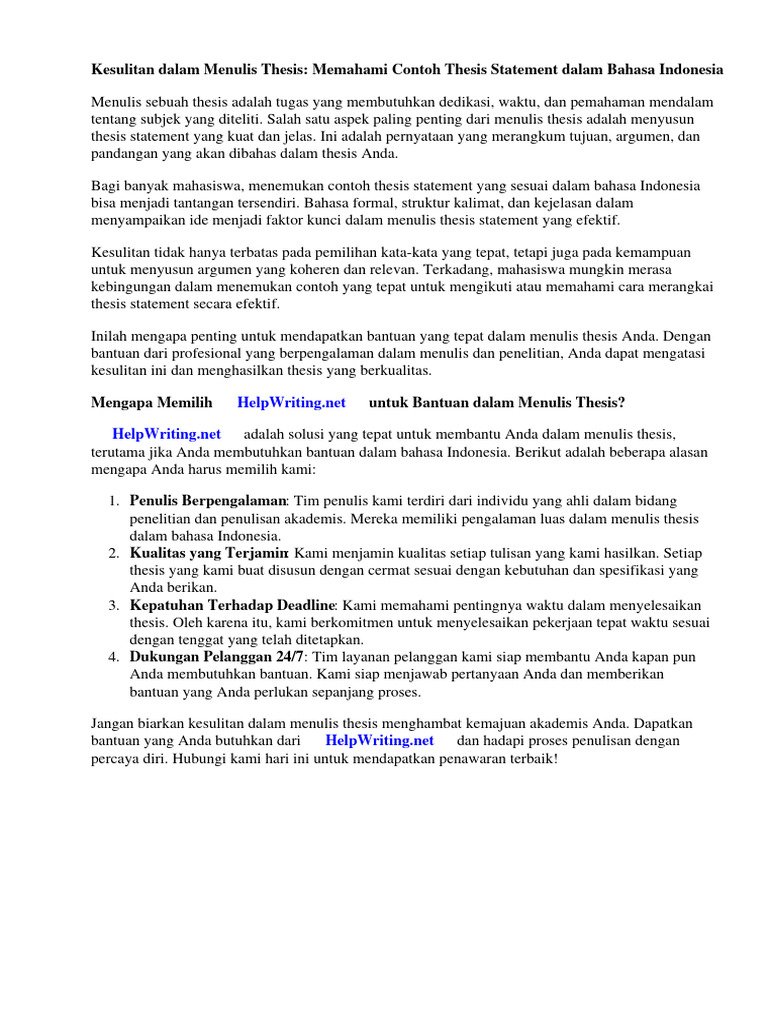 Contoh Thesis Statement Bahasa Indonesia | PDF