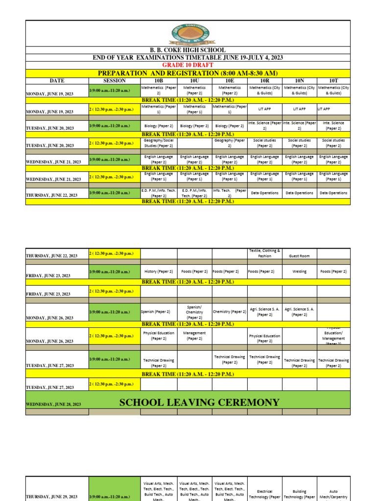 Exam Timetable June, 2023 (Grade 10) | PDF