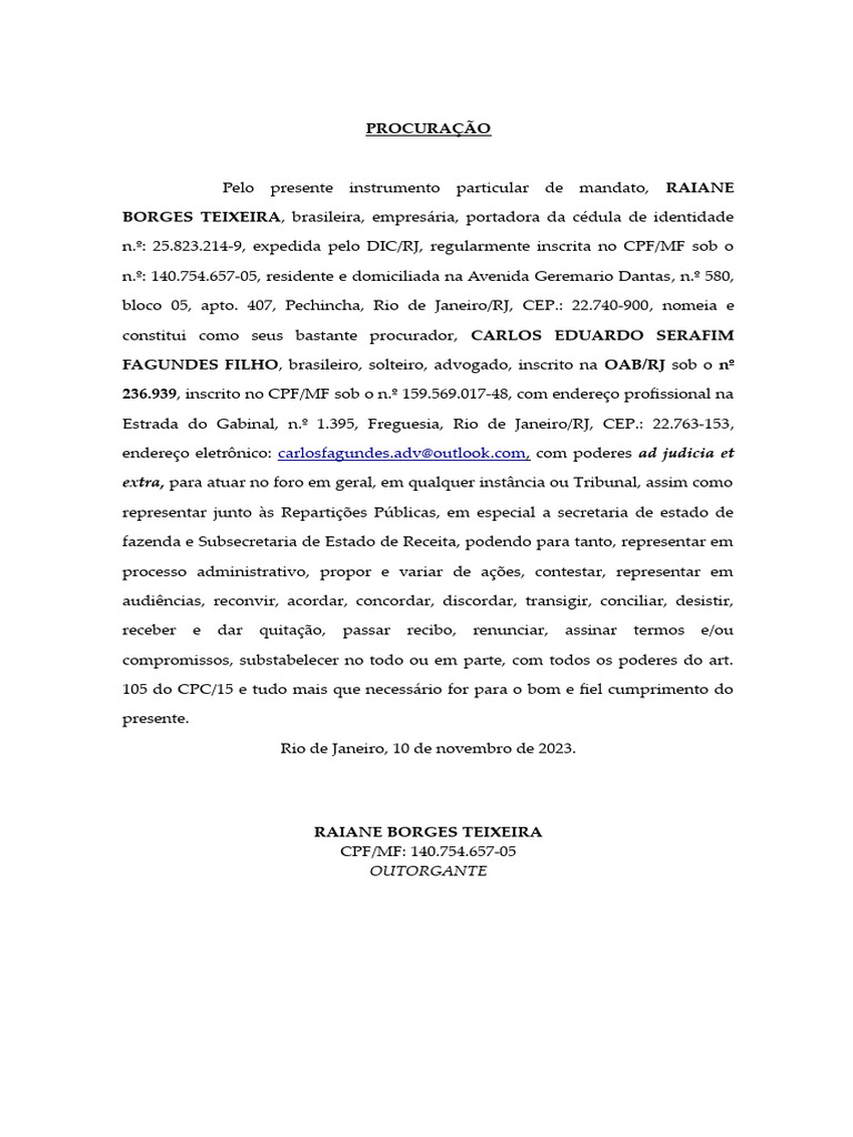 Procuração - Raiane Borges Teixeira | PDF Procuração - Raiane Borges Teixeira | PDF