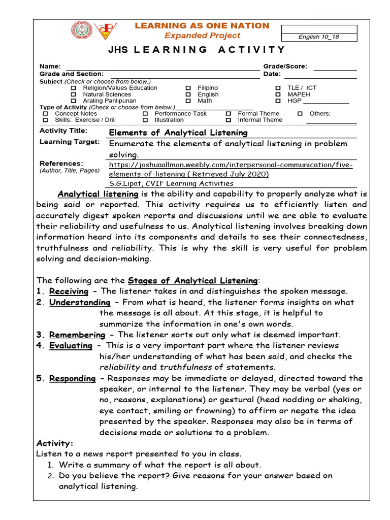English 10 LAS 18 Elements of Analytical Listening | PDF