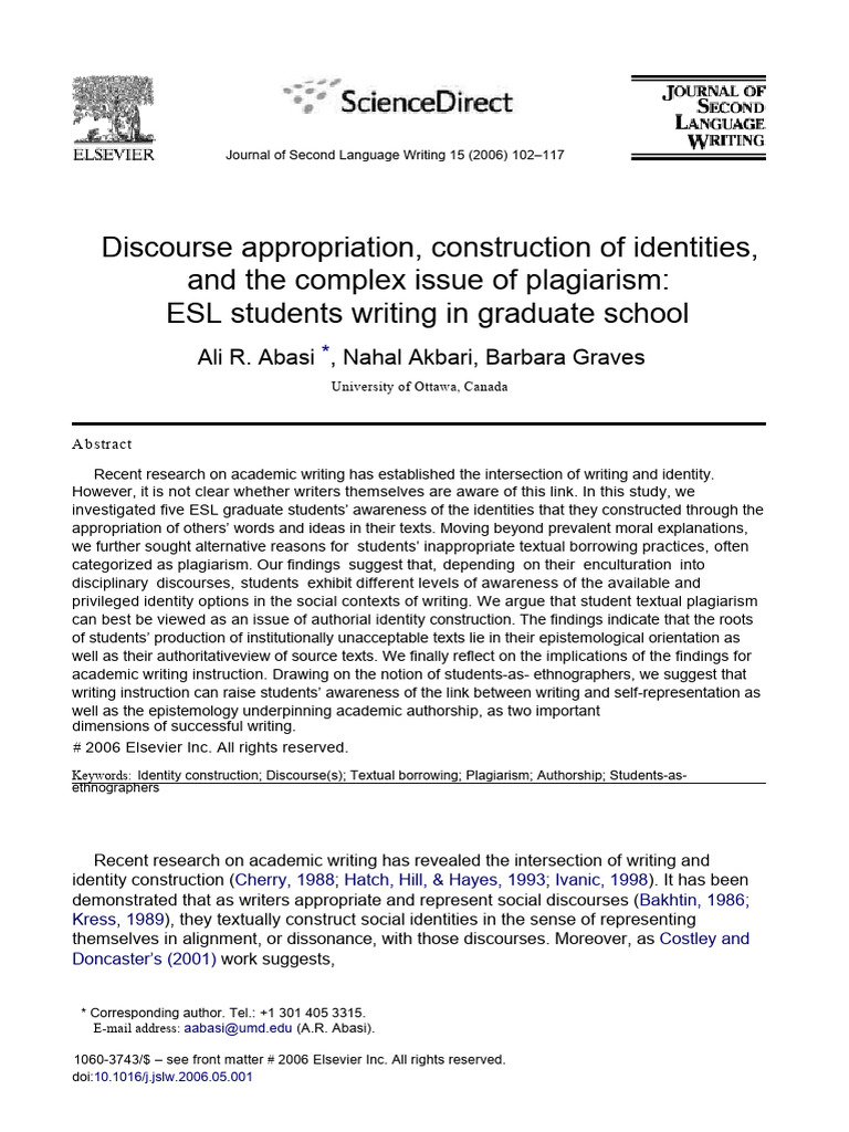 316 Discourse Appropriation, Construction of Identities, And the Complex Issue of Plagiarism ...