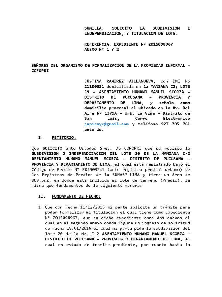 Justina Ramirez Villanueva - Solicitud Subdivision y Titulacion de Lote | PDF | Gobierno | Justicia