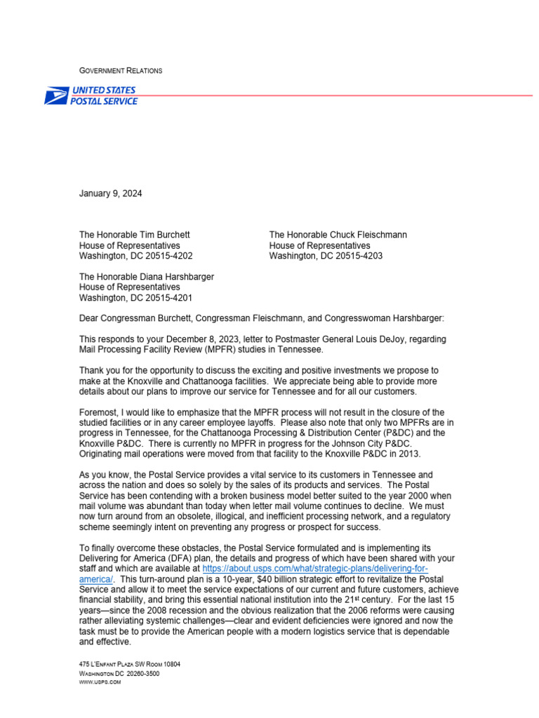 USPS Letter January 9 2024 | PDF | United States Postal Service | Economies