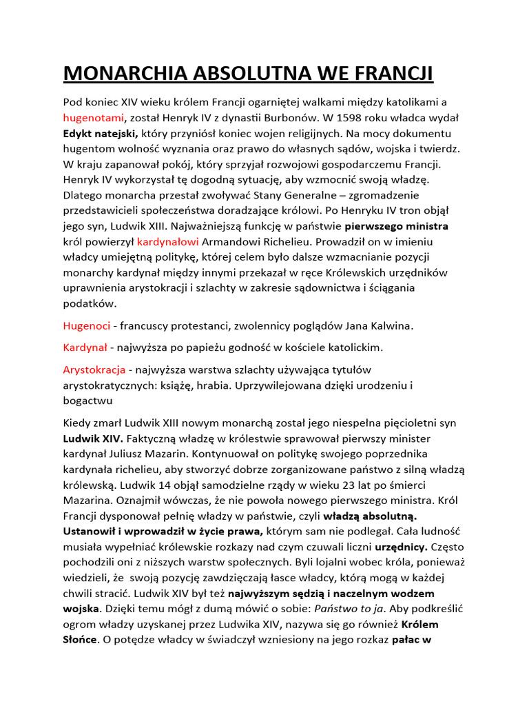 MONARCHIA ABSOLUTNA WE FRANCJI KL 6 | PDF