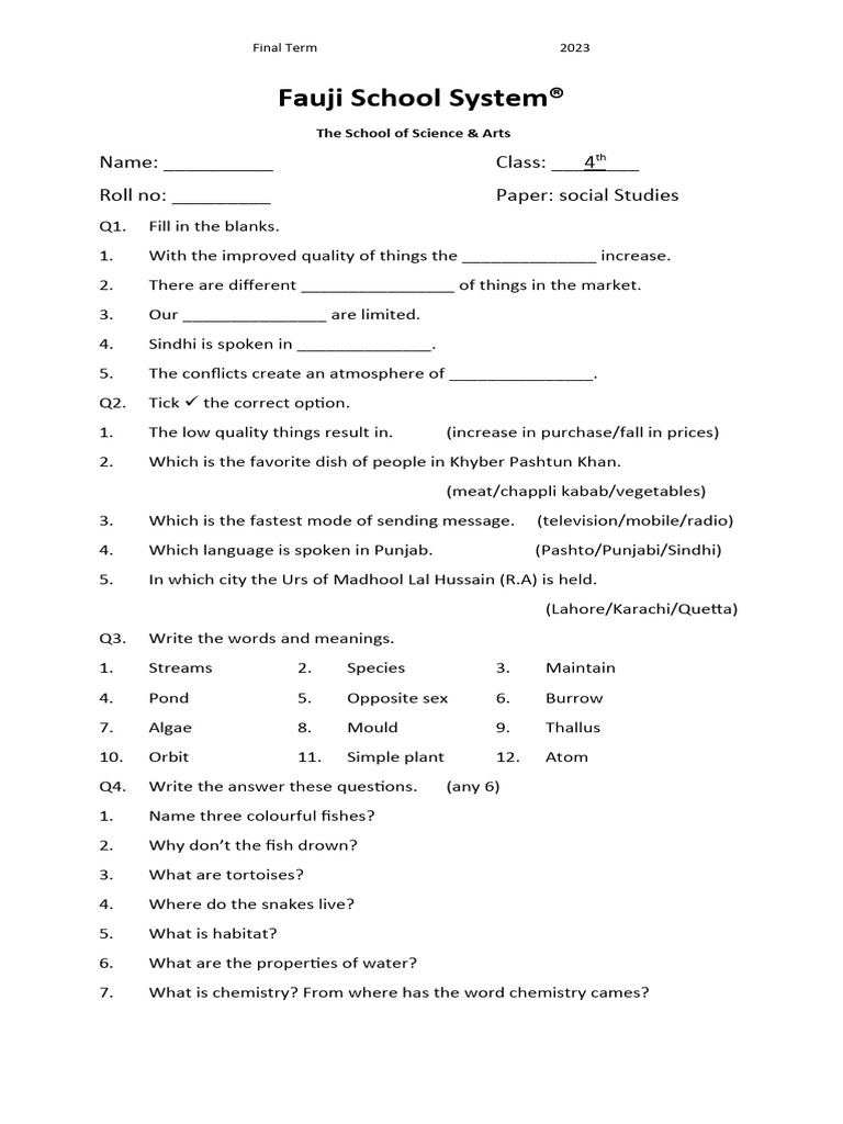 Class 4th Paper SST Final Term | PDF | Foreign Language Studies