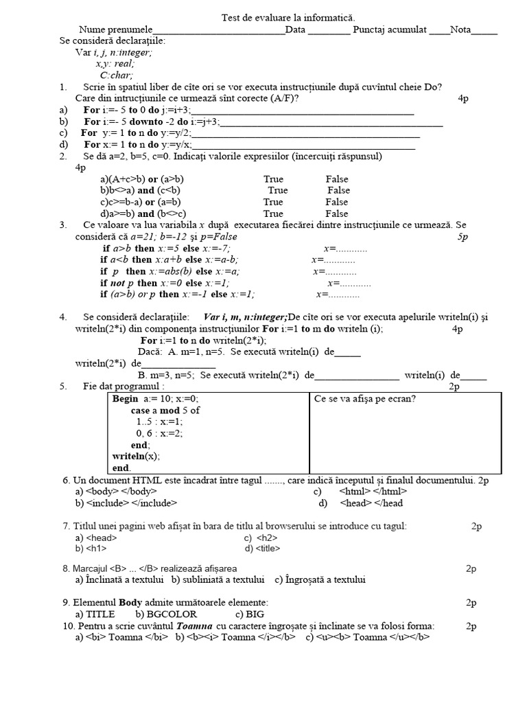 Test de Evaluare La Informatică | PDF