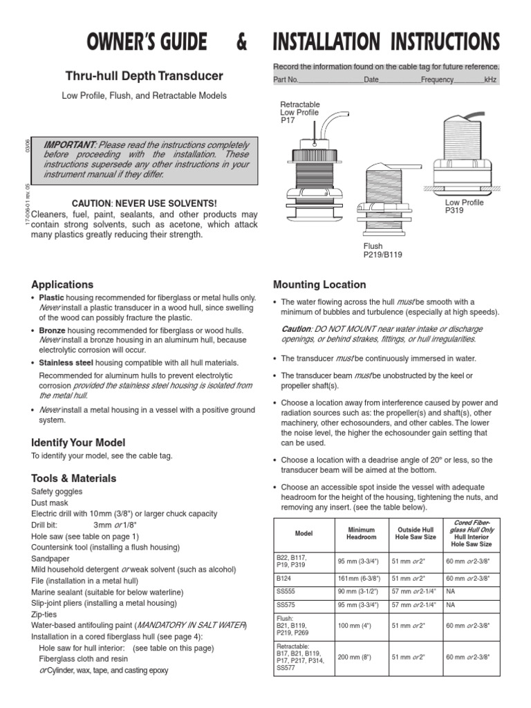Installation Instructions Owner'S Guide &: Thru-Hull Depth Transducer ...