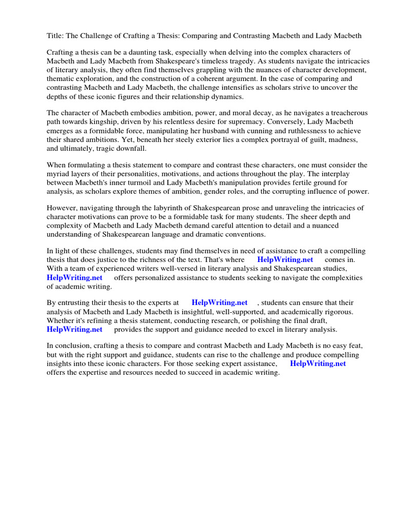 Compare and Contrast Macbeth and Lady Macbeth Thesis Statement | PDF ...