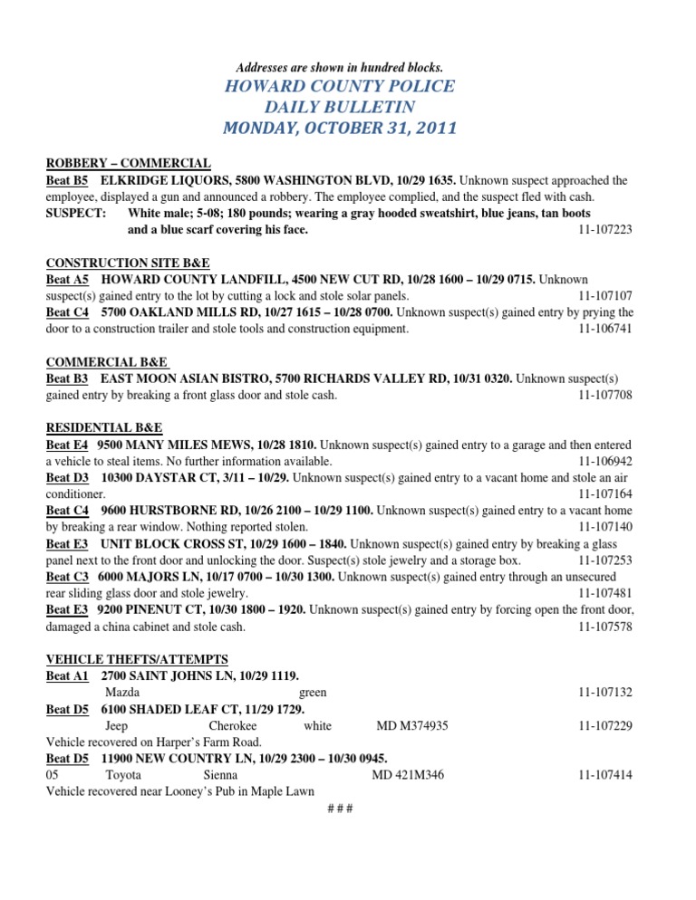 Howard County Police Daily Bulletin | PDF | Travel | Law