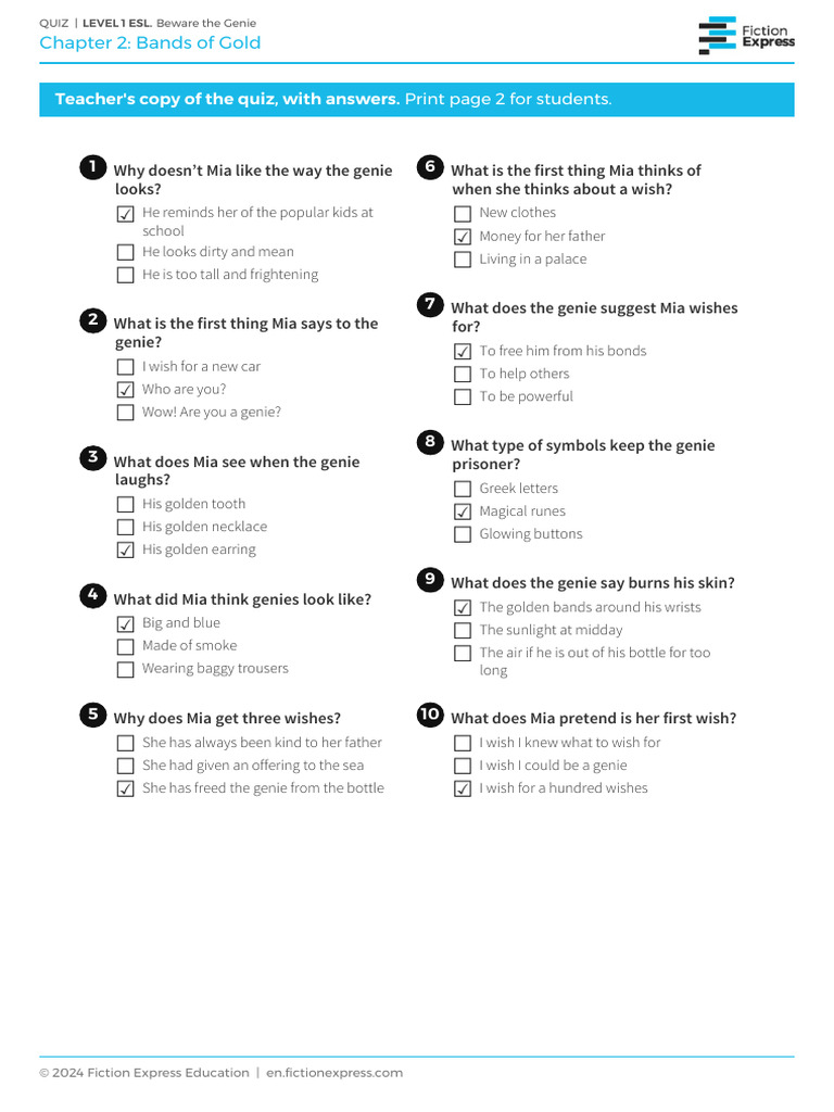 Quiz Beware The Genie Chapter 2 Esl | PDF