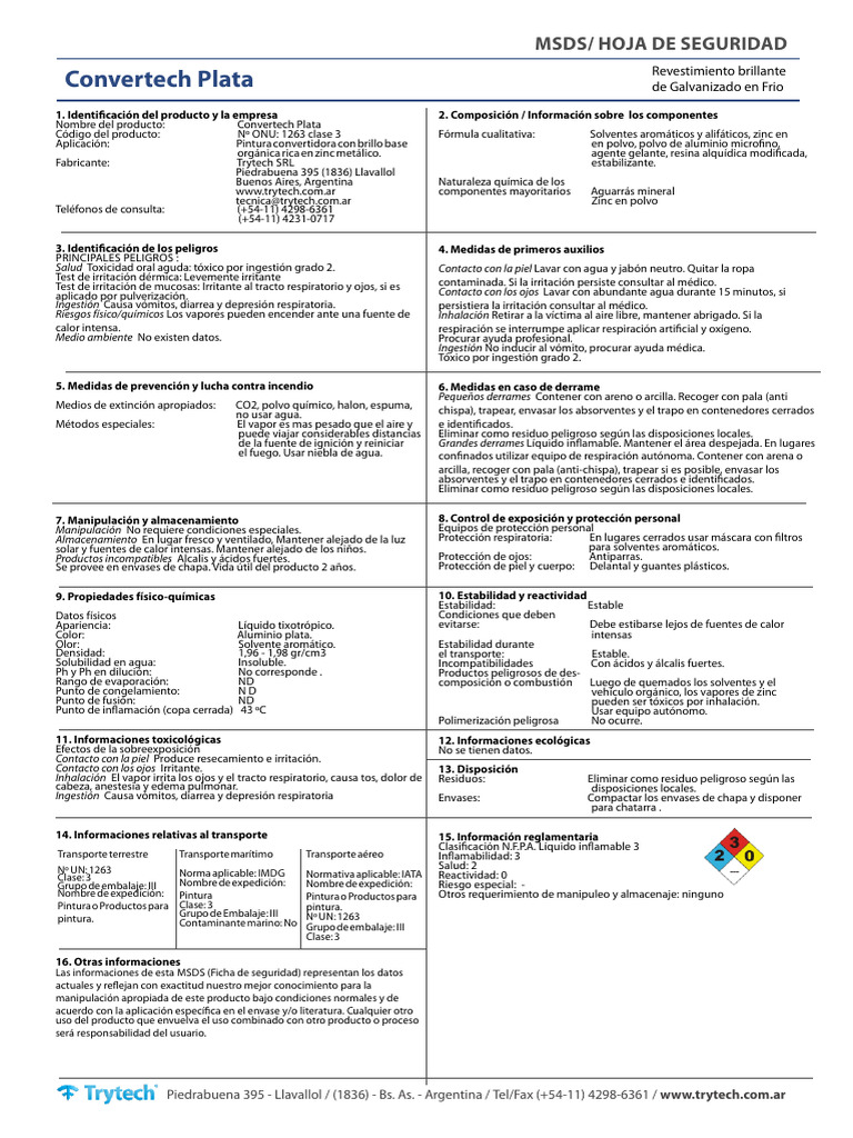 MSDS Convertech Plata | PDF | Agua | Solvente