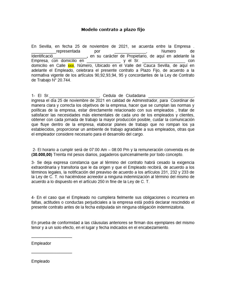 Modelo contrato a plazo fijo (1) | PDF
