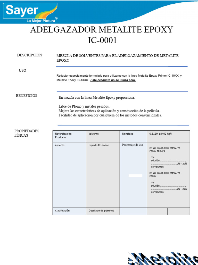 Adelgazador Metalite Epoxy: Uso y Beneficios | PDF